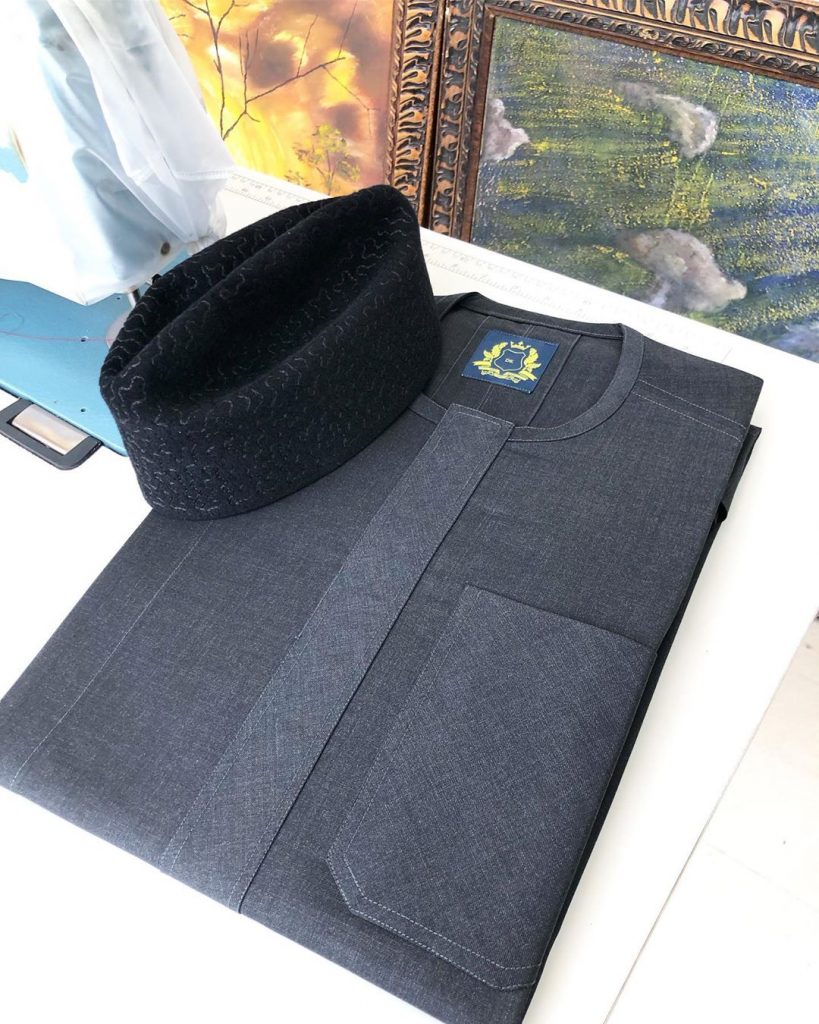 Shop Dark Grey Kaftan with wide Flap, Patch Pocket Kaftan - Deji & Kola