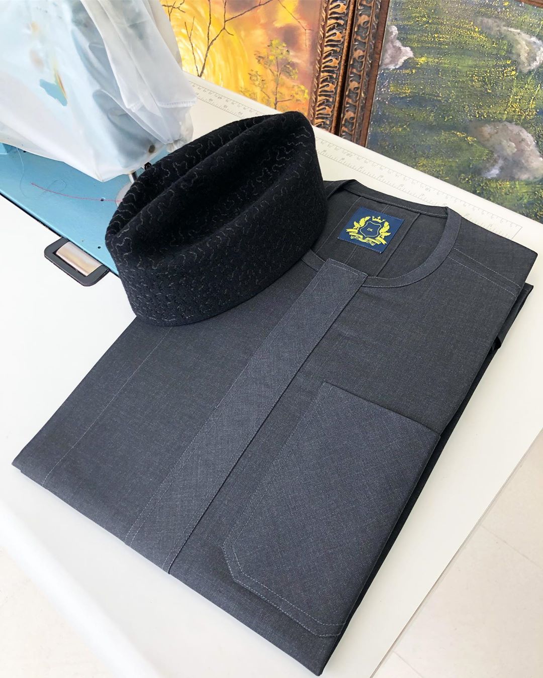 Shop Dark Grey Kaftan with wide Flap, Patch Pocket Kaftan - Deji & Kola