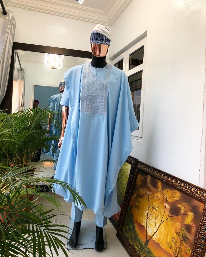 A Light Blue Connected With Embroidery Agbada – Deji & Kola