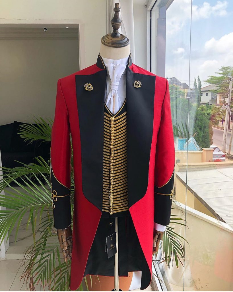 Shop Maroon “showman” trench silk costume suit - Deji & Kola