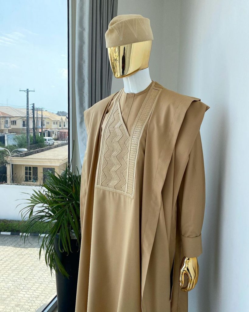 Shop Light Brown Zig Zag embroidery African Agbada - Deji & Kola