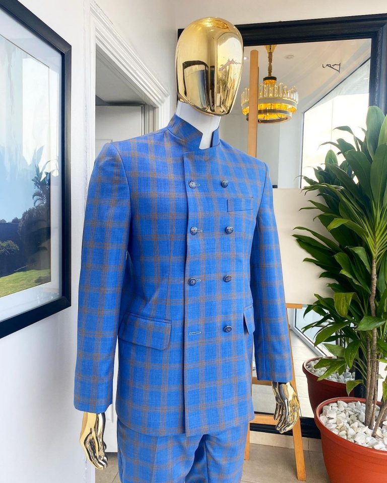 Shop Azure blue & orange double breasted safari suit -Deji & Kola