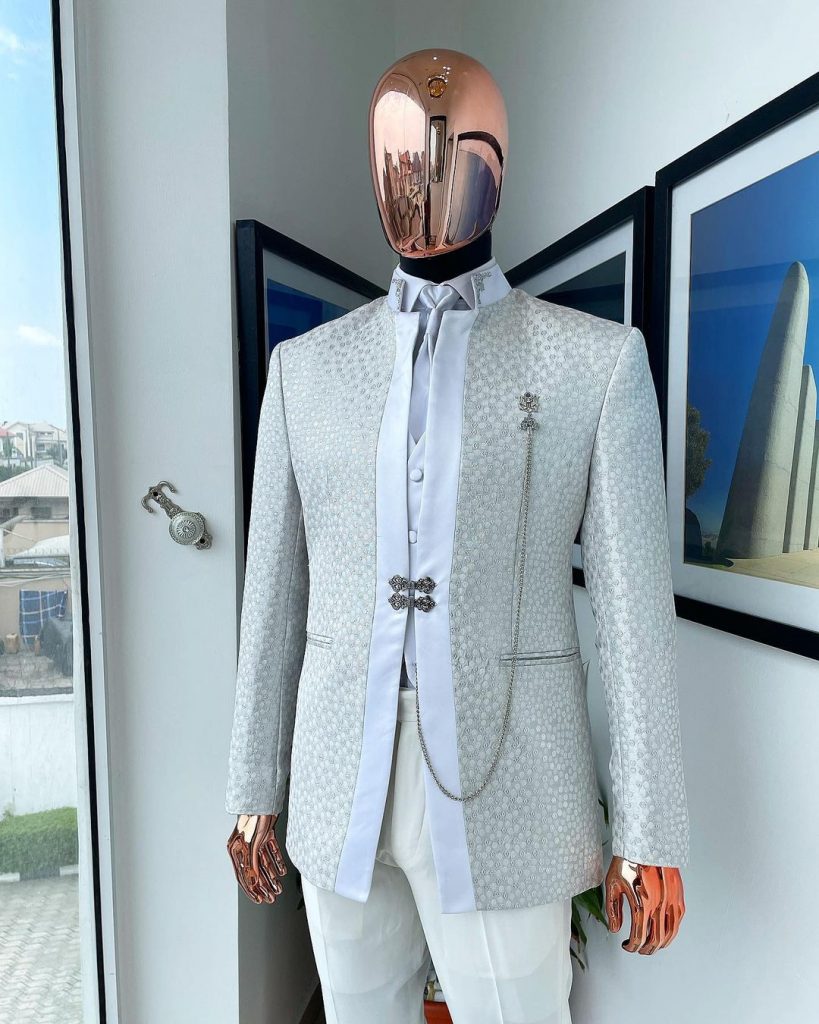 Shop White & Silver Metallic circle pattern jacquard Suit -Deji & Kola