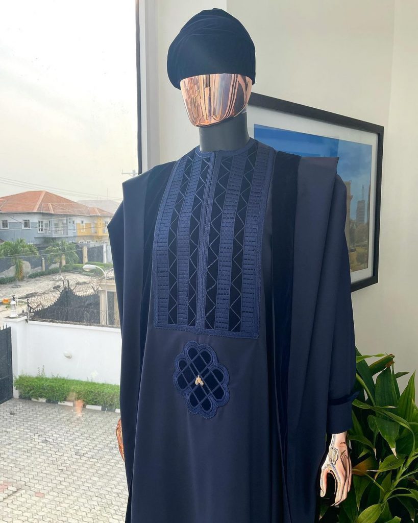 Shop Navy blue Monochrome Agbada, with velvet design -Deji & Kola