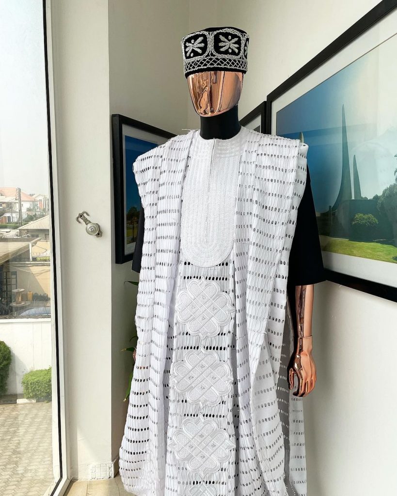 Shop White line weaving embroidery agbada, - Deji & Kola