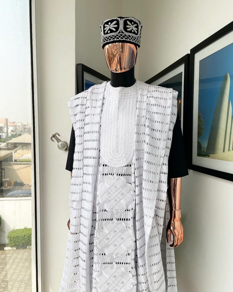 Shop White line weaving embroidery agbada, - Deji & Kola
