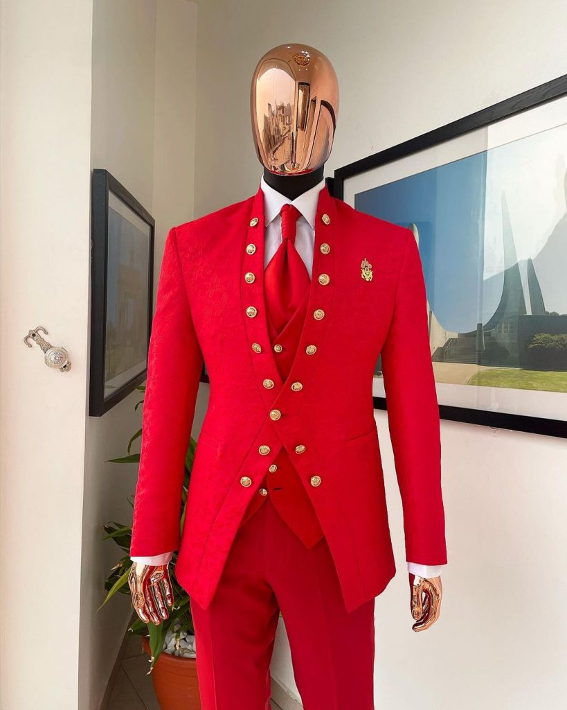 Shop Candy Red Floral Patterned Jacquard Suit - Deji & Kola