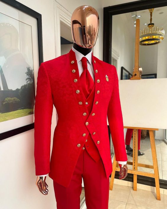 Shop Candy Red Floral Patterned Jacquard Suit - Deji & Kola