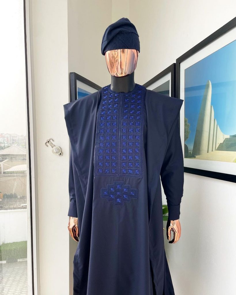 Shop Navy blue, connected square embroidery design Agbada Deji & Kola