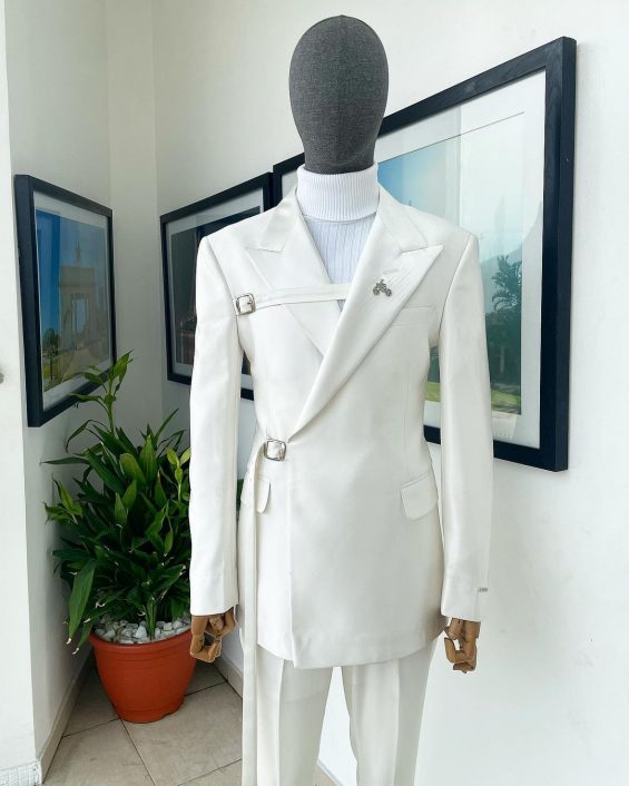 Shop Wrap & strapped ivory white suit, peak lapel suit - Deji & Kola
