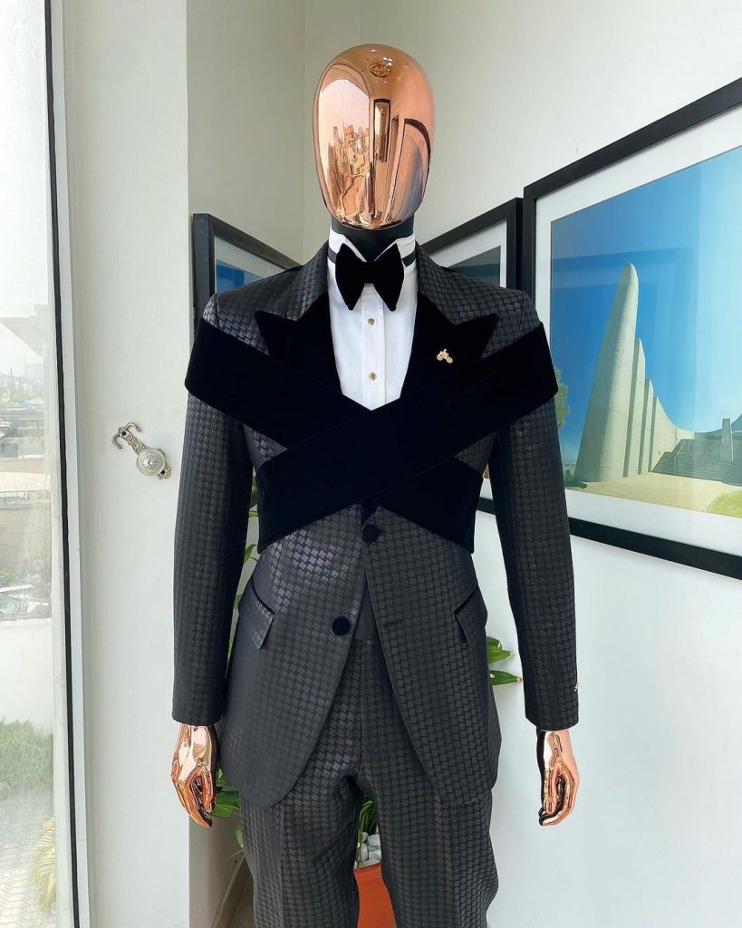 Shop Black inverted square patterned tuxedo suit - Deji & Kola