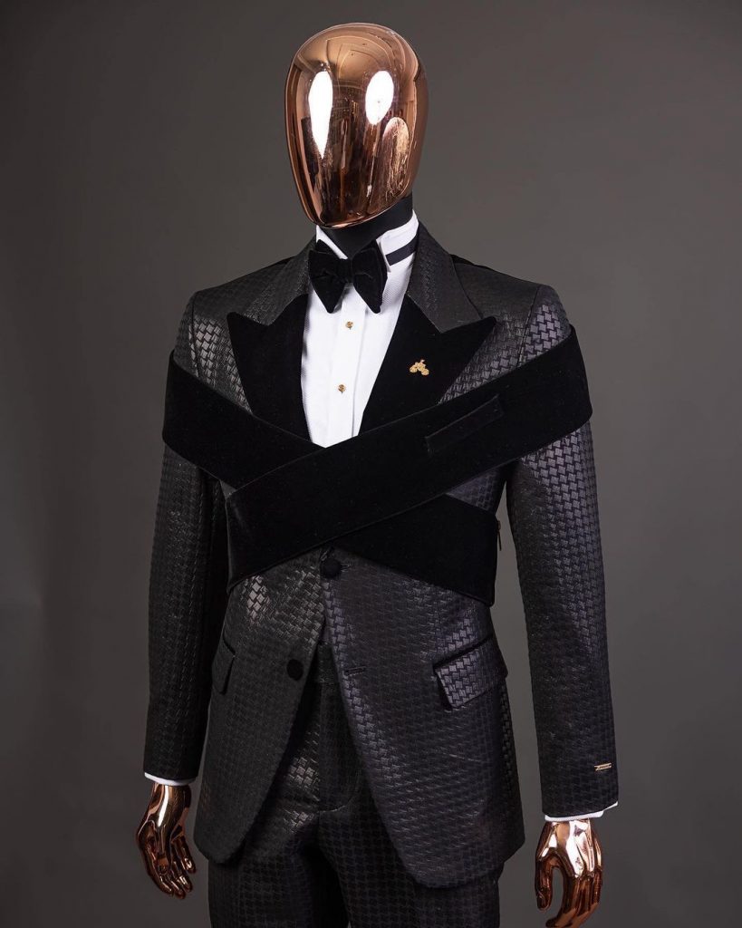 Shop Black inverted square patterned tuxedo suit - Deji & Kola