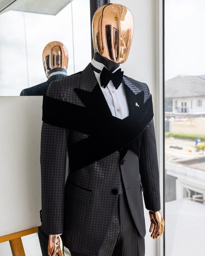 Shop Black inverted square patterned tuxedo suit - Deji & Kola