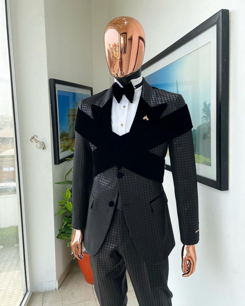 Shop Black inverted square patterned tuxedo suit - Deji & Kola