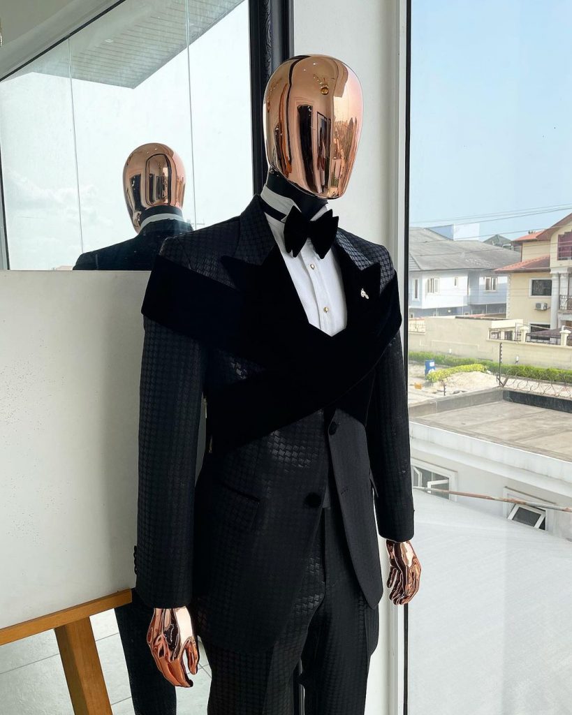 Shop Black inverted square patterned tuxedo suit - Deji & Kola