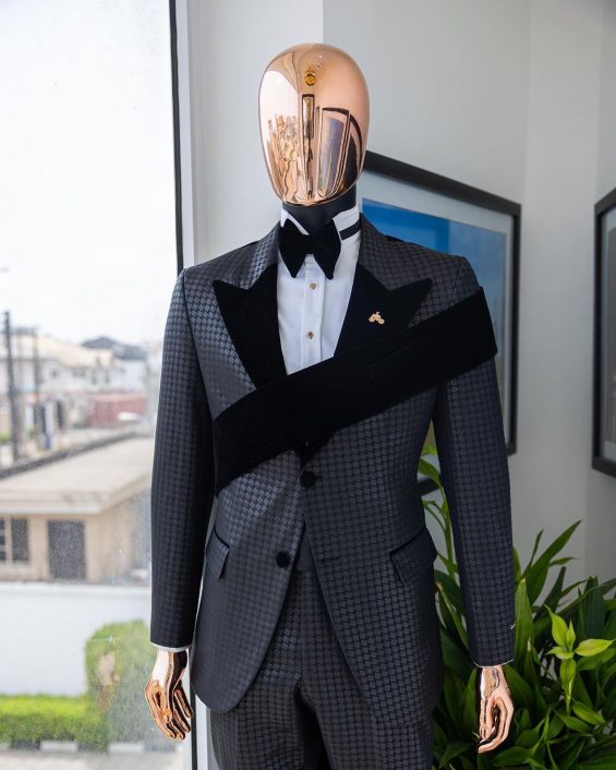 Shop Black Square Patterned Peak Lapel Tuxedo Suit-Deji & Kola