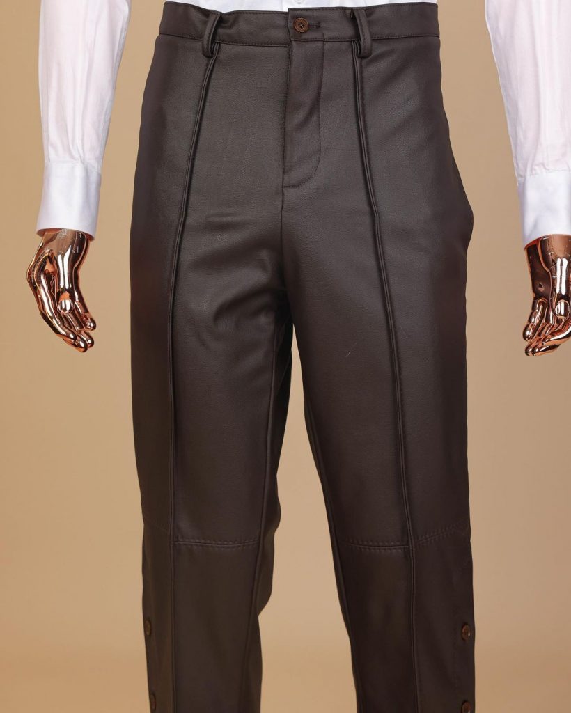 Shop A brown leather, knitted & outer layered pant - Deji & kola