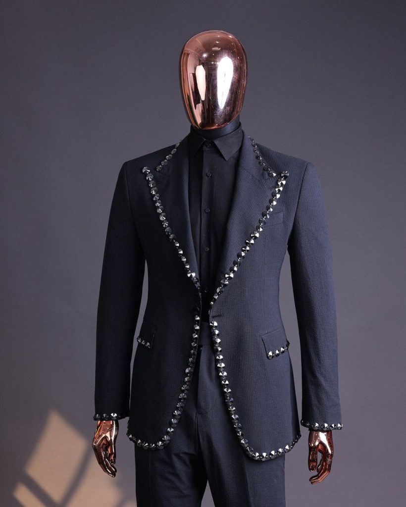 Shop Steel Black, Seer sucker fabric, knitted, peak lapel Suit - Deji ...