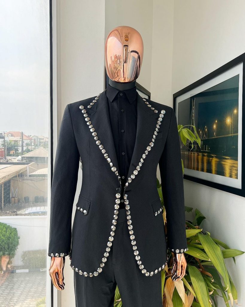 Shop Steel Black, Seer sucker fabric, knitted, peak lapel Suit - Deji ...