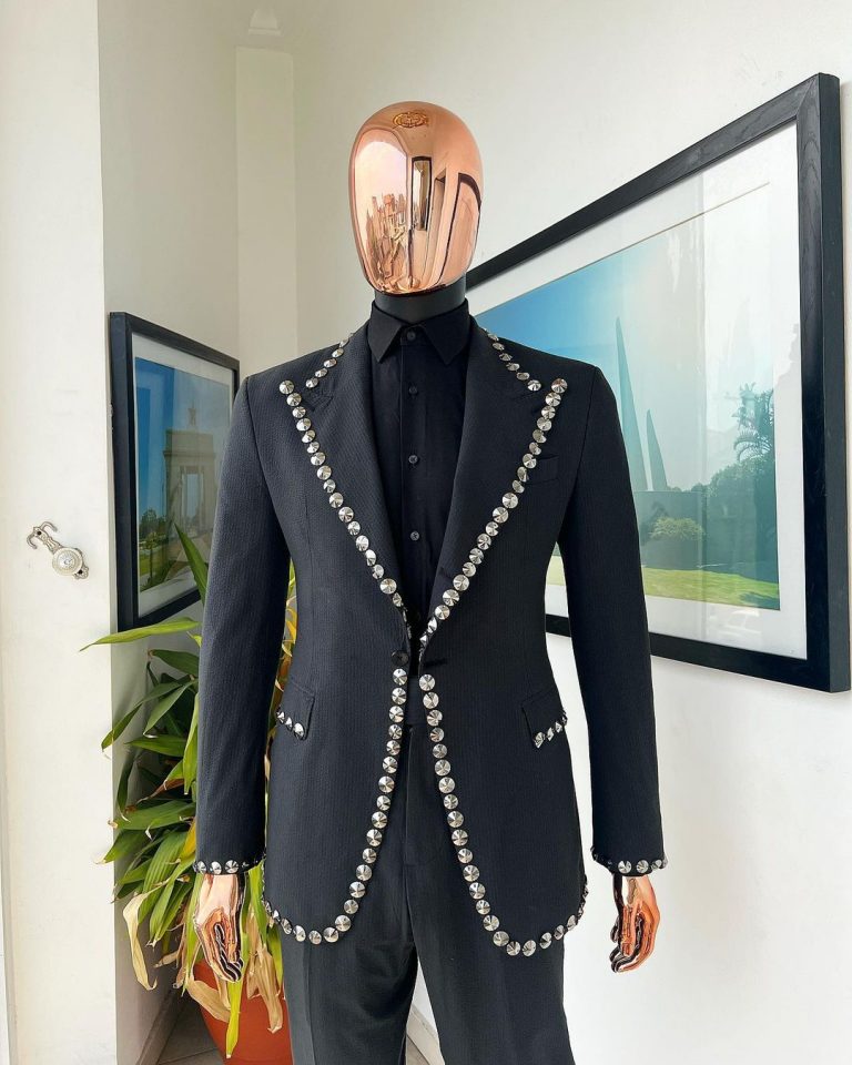 Shop Steel Black, Seer sucker fabric, knitted, peak lapel Suit - Deji ...