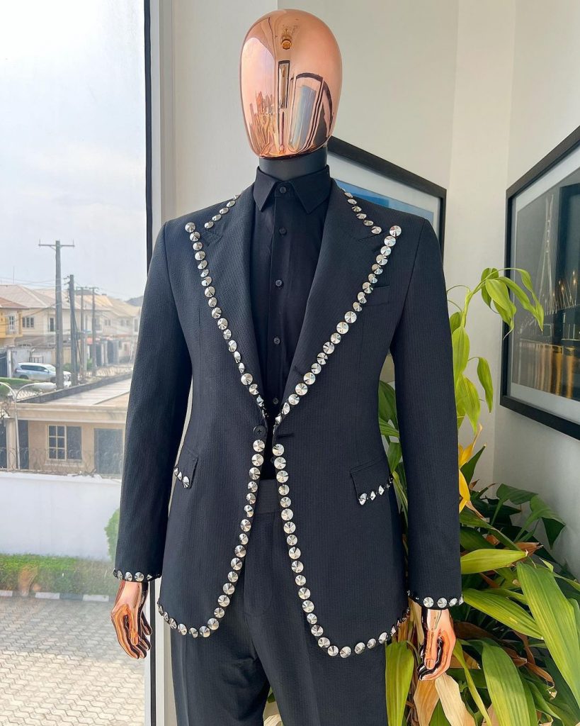 Shop Steel Black, Seer sucker fabric, knitted, peak lapel Suit - Deji ...