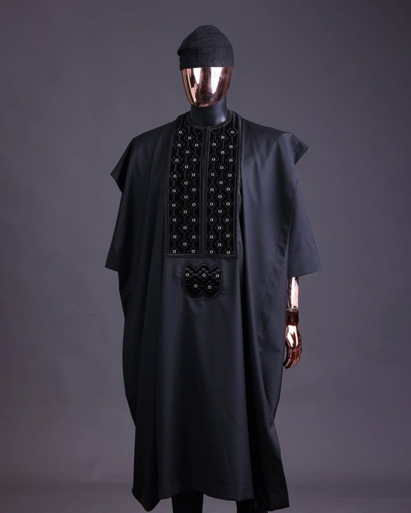 Shop Charcoal Black, eyelet octa embroidery African Agbada-Deji & Kola