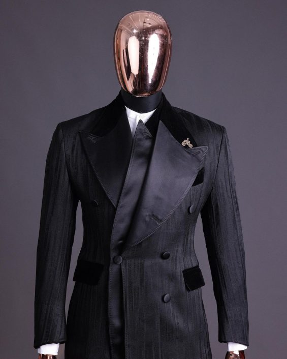 Shop Charcoal Black patterned Triple Breasted tuxedo Suit- Deji & Kola