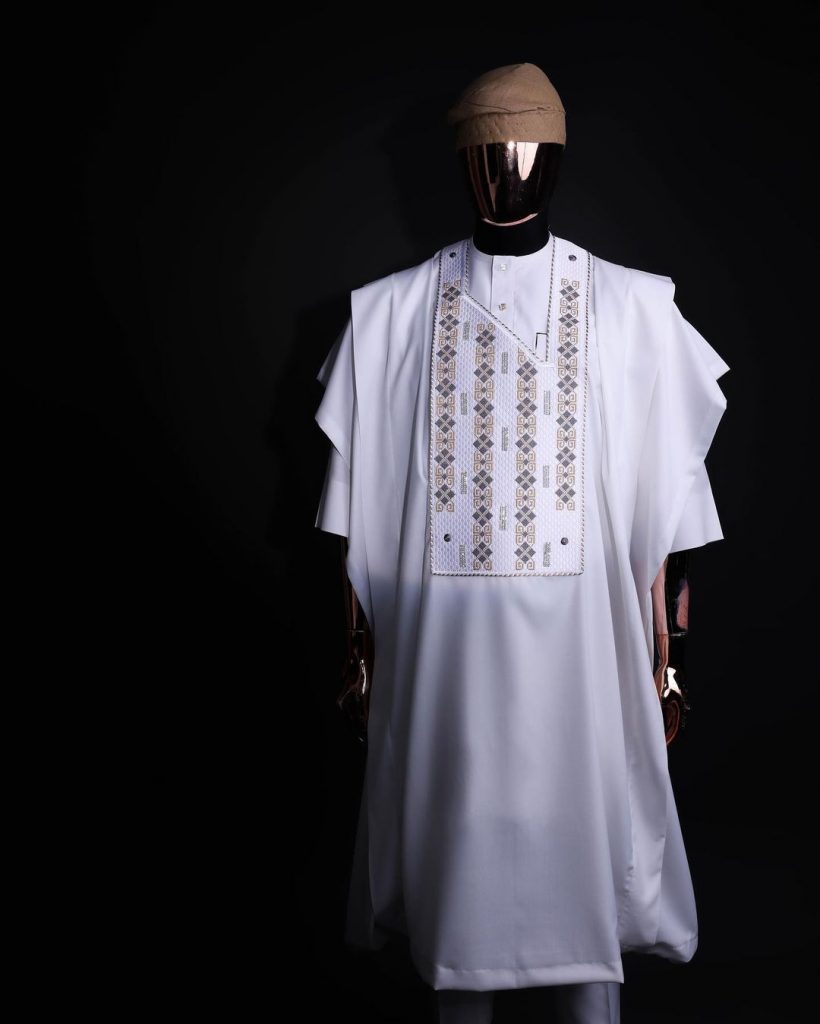 Shop White, shattered interwoven embroidery African agbada -Deji & Kola