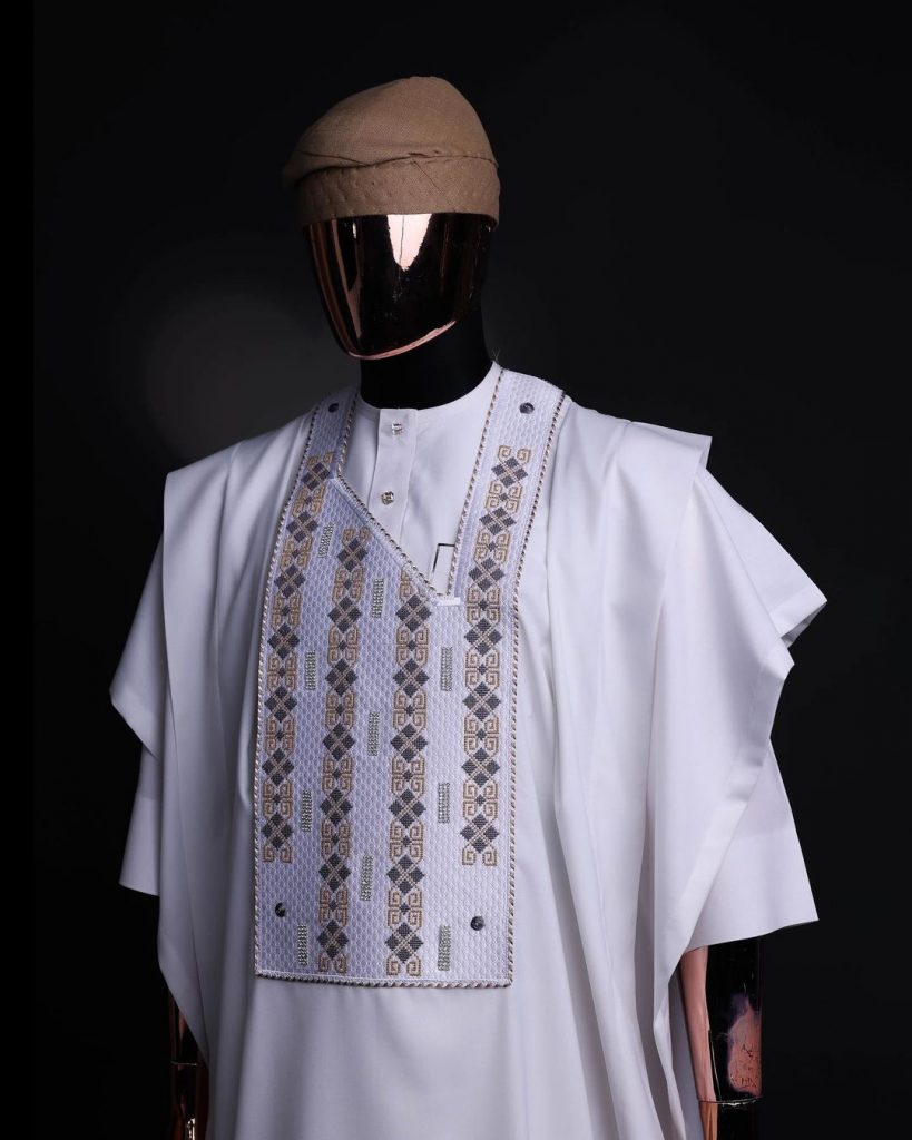 Shop White, shattered interwoven embroidery African agbada -Deji & Kola