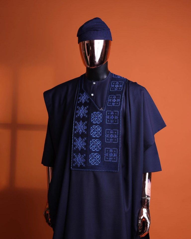 Shop Navy blue Arewa interwoven embroidery African agbada - Deji & Kola