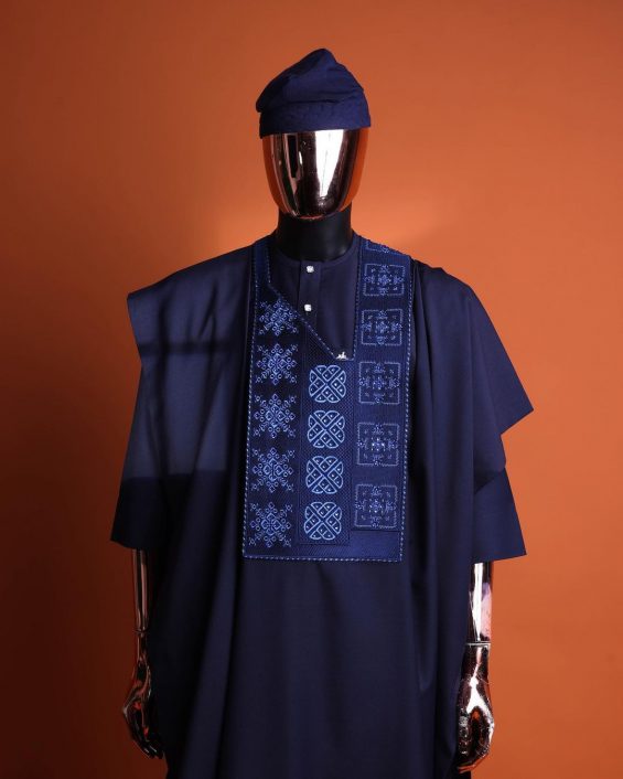 Shop Navy blue Arewa interwoven embroidery African agbada - Deji & Kola