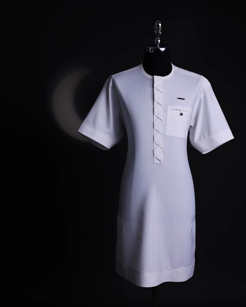 Shop White, Invisible stripe, interwoven flap African kaftan - Deji & Kola