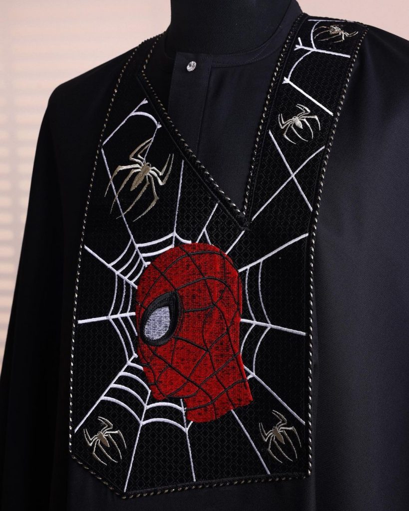 Shop Charcoal black “Spider-Man” embroidery African Agbada -Deji & Kola