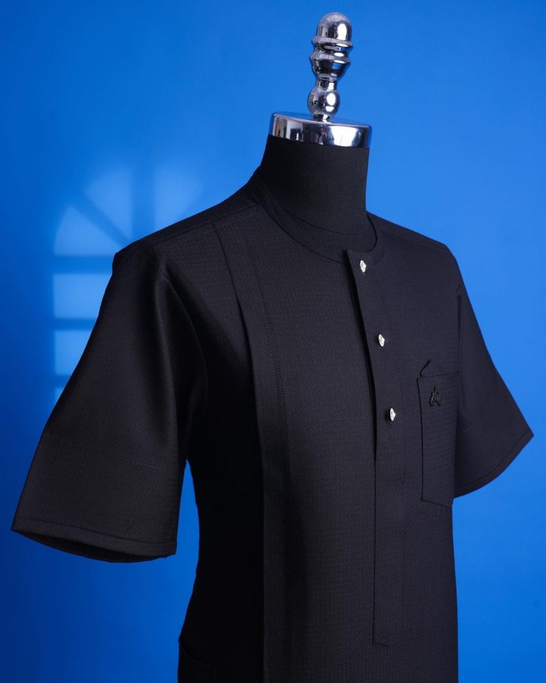 Shop Charcoal Black, Square Pattern Front Flap African kaftan-Deji & Kola