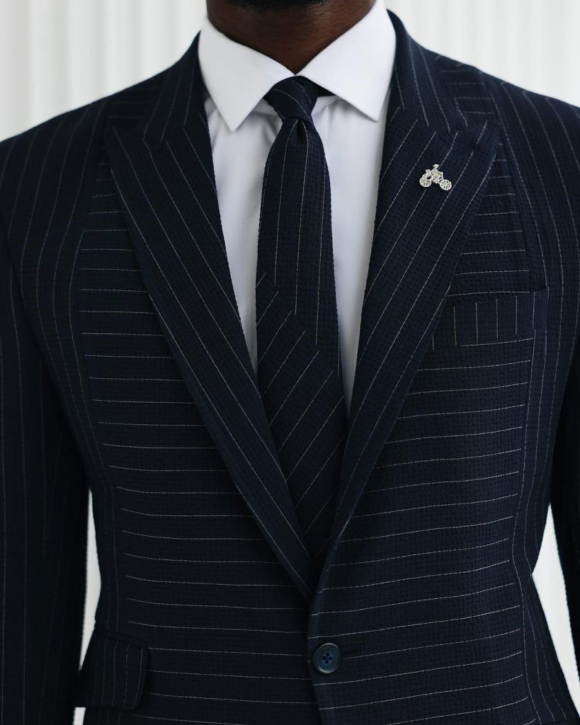 Shop Navy Blue, Reversed Pin Stripe Peak Lapel Suit - Deji & Kola